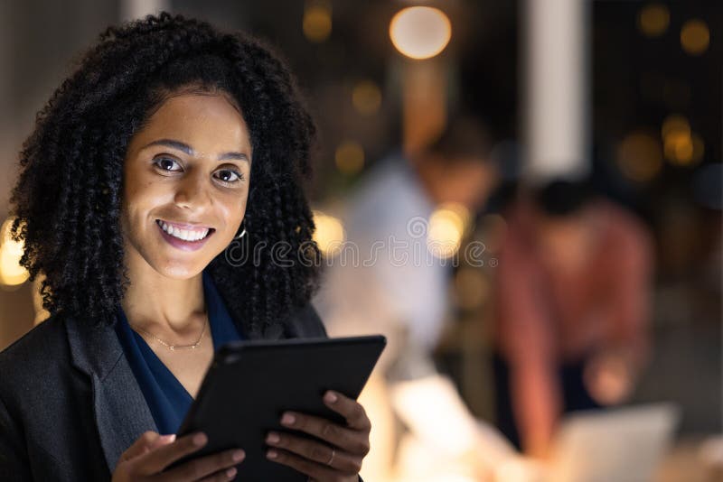 Face Tablet And Night With A Business Black Woman At Work Overtime
