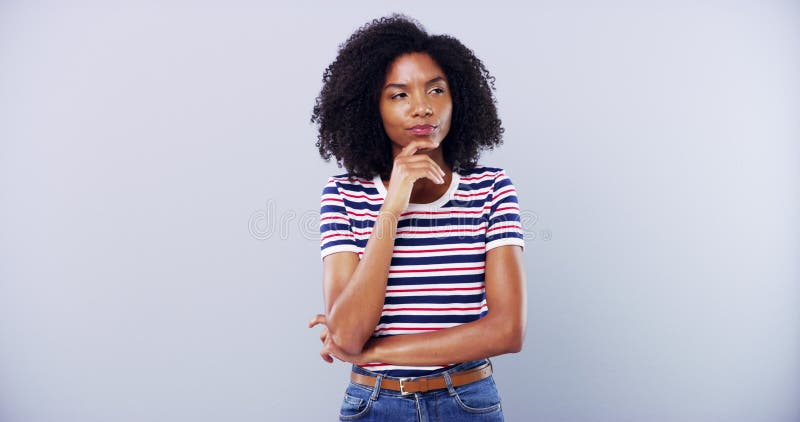 Face, Thinking and Happy Black Woman with Idea in Studio for Insight ...