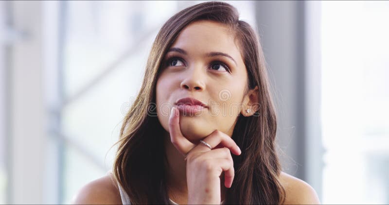 Thinking, Face and Happy Woman with Decision, Conclusion or Problem ...