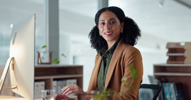 Face, Thinking and Woman with a Computer, Business and Typing with ...