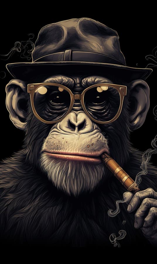 Face of a Top Monkey Smoking a Cigar. a Monkey Wearing Glasses and a ...