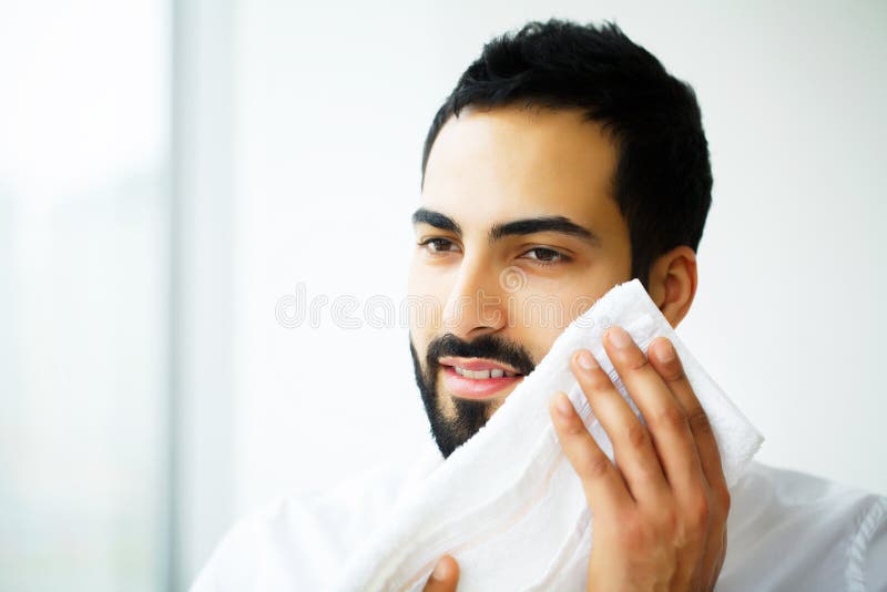 Face Washing. Happy Man Drying Skin with Towel Stock Image - Image of ...