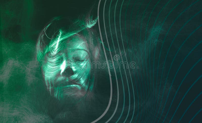 Face of a Woman with Colored Lights Superimposed on Green Lines Stock ...
