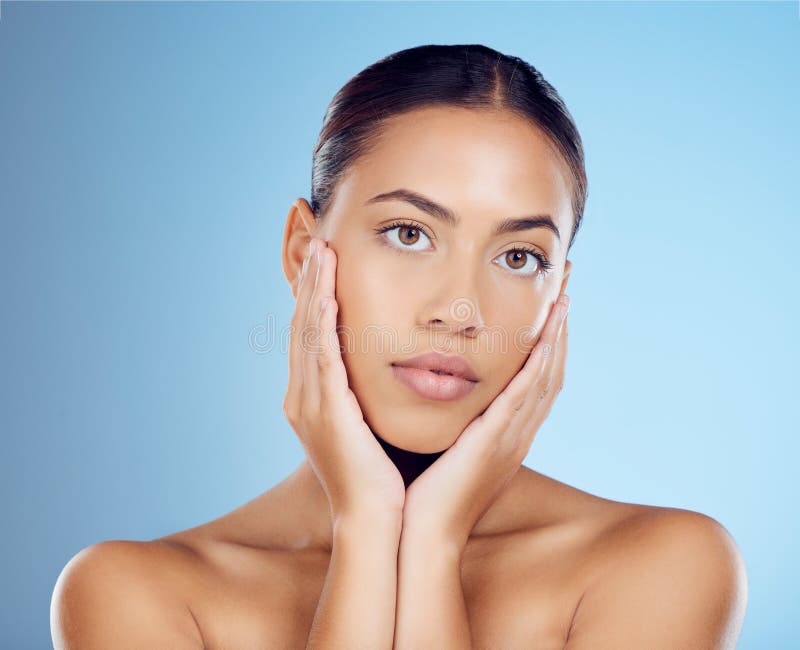 Face Woman And Dermatology Beauty On Blue Background For Skincare