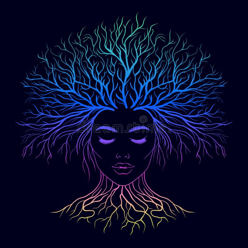 The Face of a Woman with a Growing Tree on Her Head. Stock Illustration ...