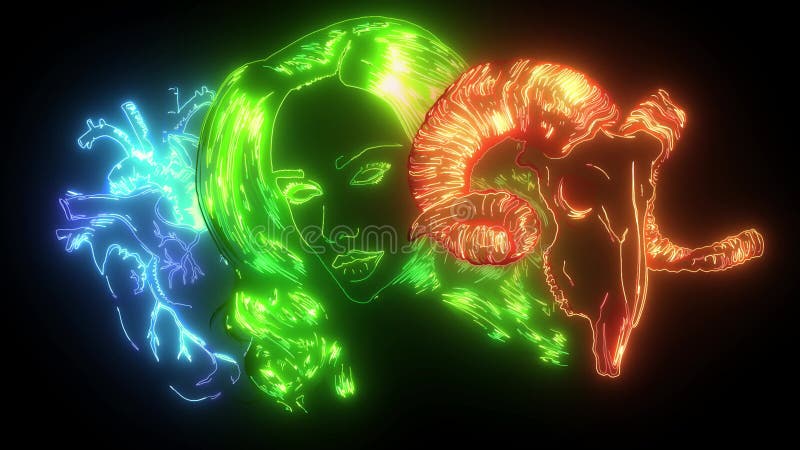 Face Woman with Heart and Ram Skull Stock Video - Video of illuminated ...
