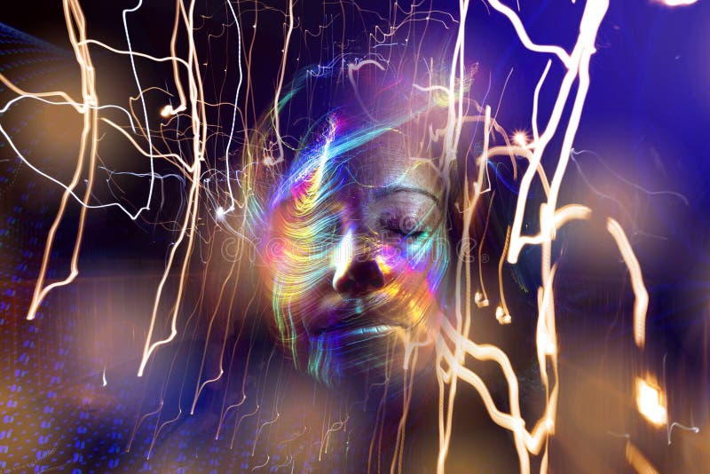 Face of a Woman with Light Effects from Light Painting. Concept of ...