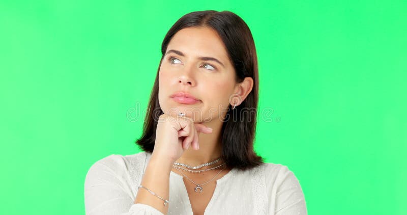 Face, Woman and Thinking of Ideas on Green Screen, Question or Remember ...