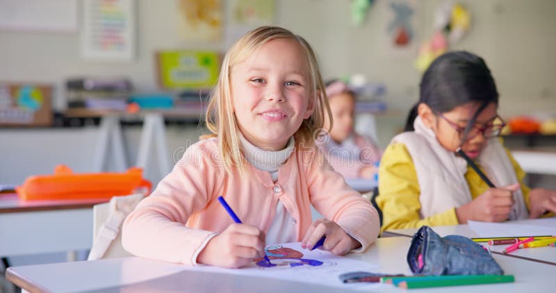 Face, Writing and Study with Girl in Classroom for Learning, Knowledge ...