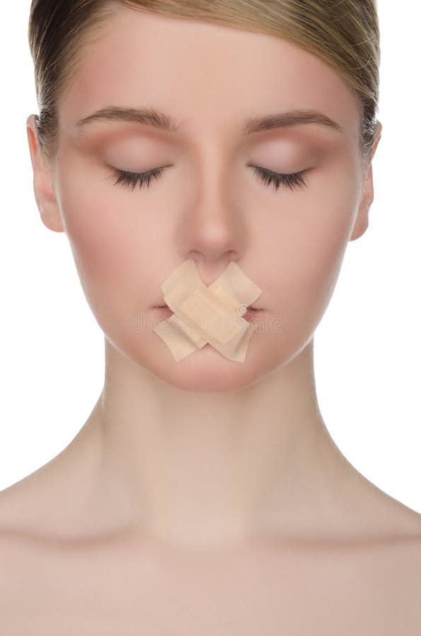 Face of Young Woman with Plaster on Her Lips Stock Image - Image of ...