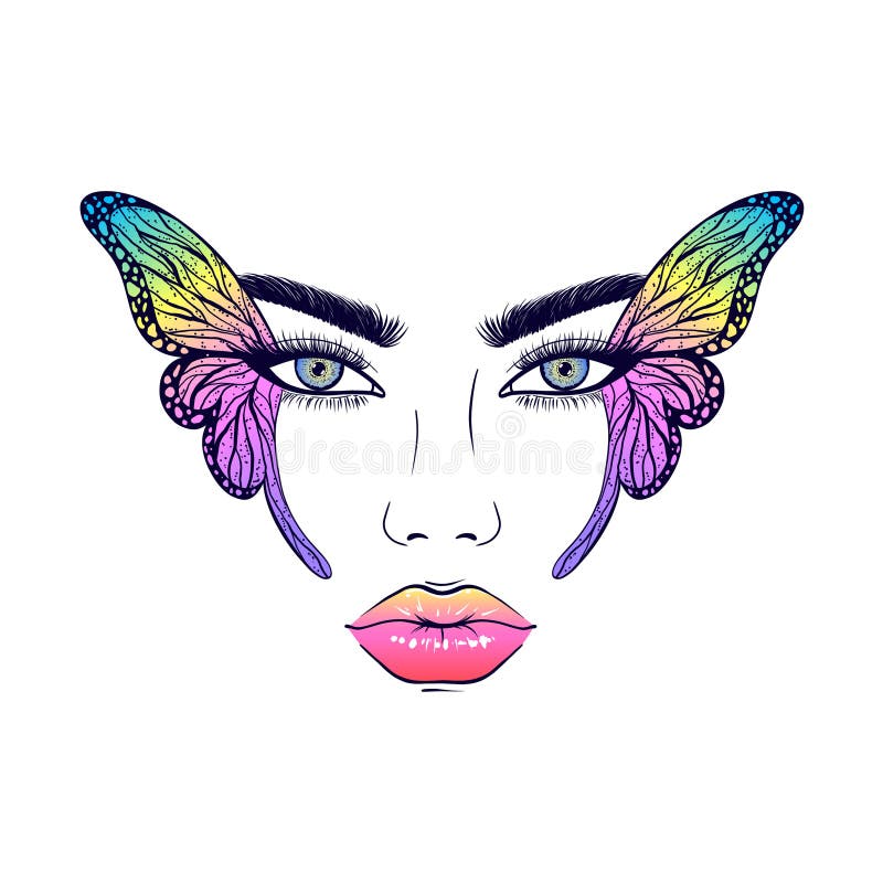 The Face of a Young Woman Whose Eyes are Decorated with Butterfly Wings ...