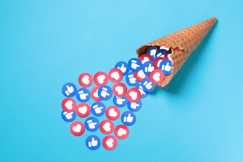 Facebook Likes Scattered from Waffle Cone, on Blue Background Editorial ...