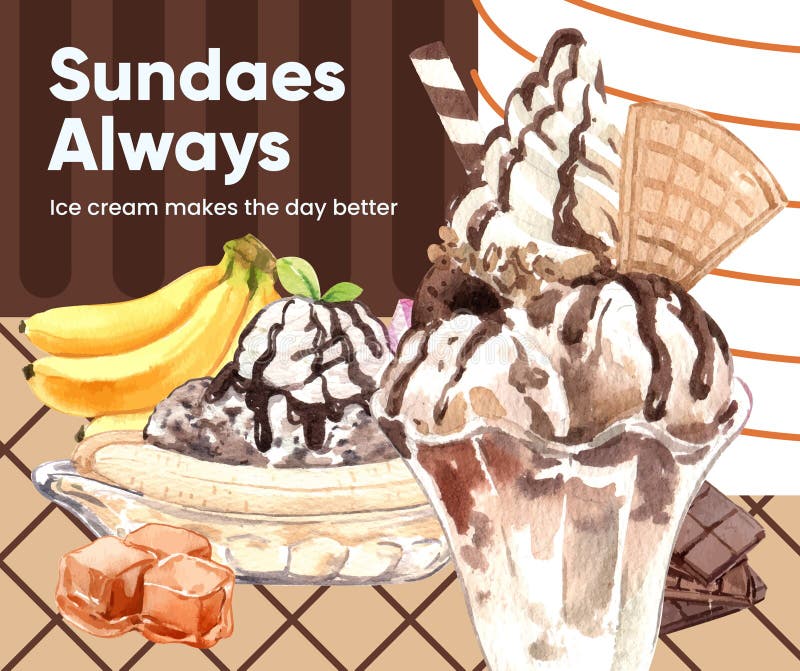 Facebook Post Template with Sundae Ice Cream Concept, Watercolor Style ...