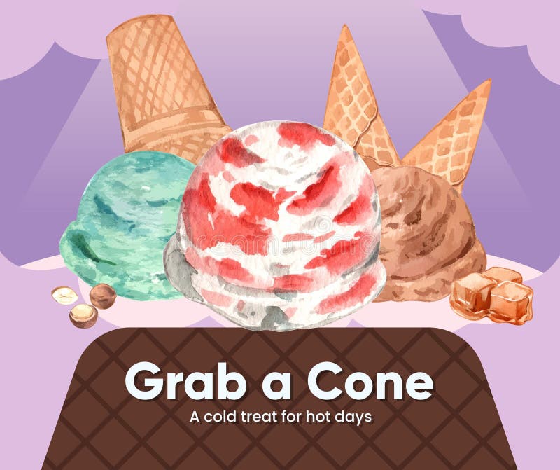 Facebook Post Template with Sundae Ice Cream Concept, Watercolor Style ...