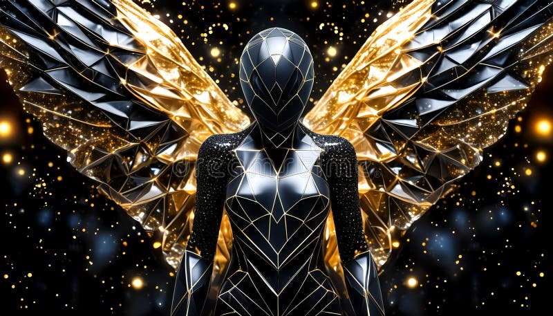 Faceless Angel with Wings Spread Made of Sparkly Geometric Black and ...