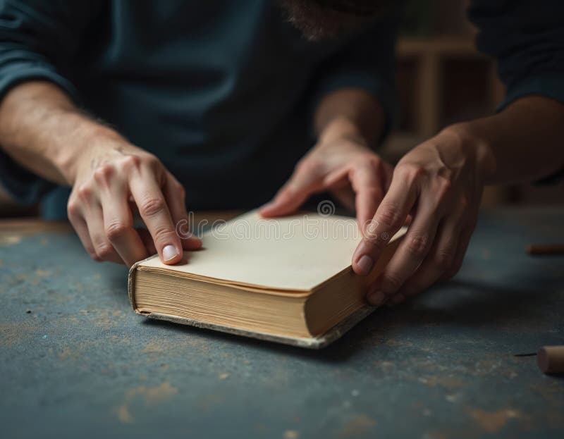 Faceless Artisan Crafts Hardcover Book at Workbench. Man Binds Pages of Book. Handmade Process ...
