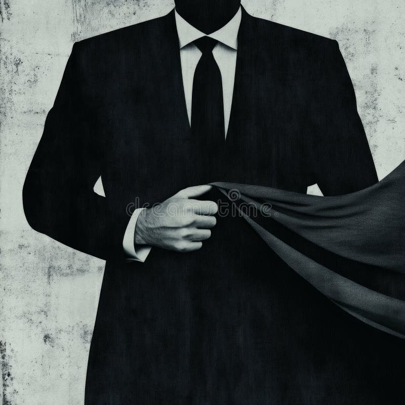 A Faceless Businessman in a Dark Suit Pulls a Black Cloth, Emphasizing ...