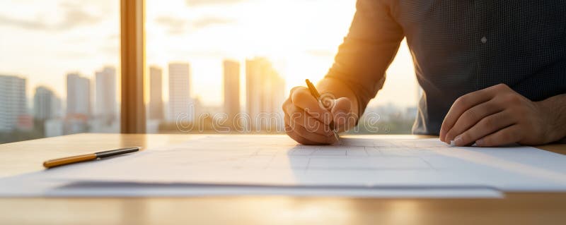 Faceless Civil Engineer Working on Blueprints at a Drafting Table with ...