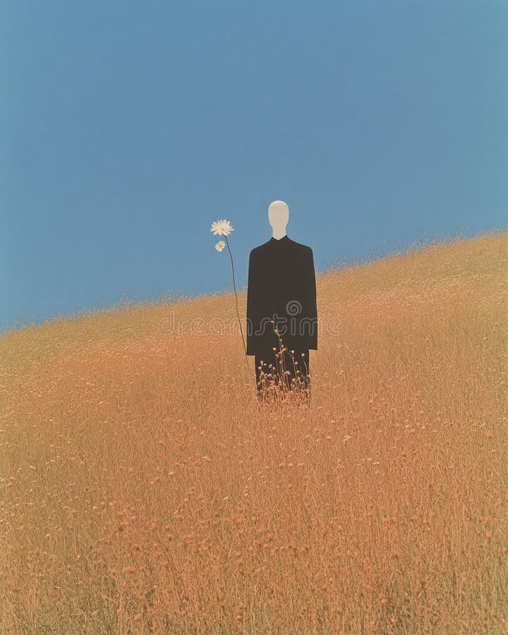 Faceless Figure in Field Holding Flower Under Clear Blue Sky Stock Photo - Image of unique ...