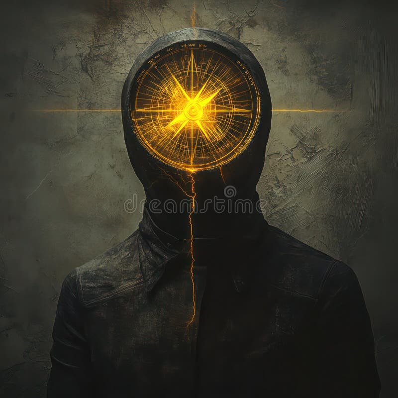 A Faceless Figure with a Head Shaped Like a Glowing Yellow Compass ...