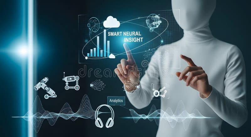 Faceless Figure Interacts with Smart Neural Insight Data Visual Display ...