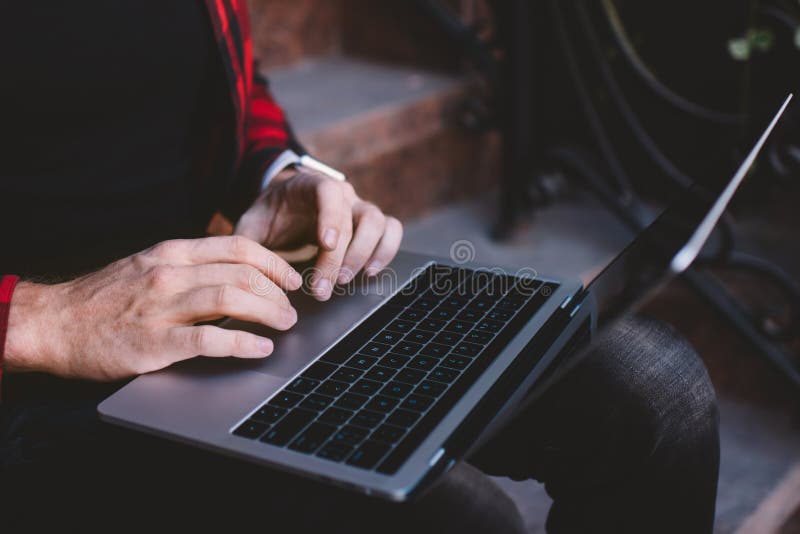 Faceless Freelancer Working on Project Outside of Home Stock Image ...