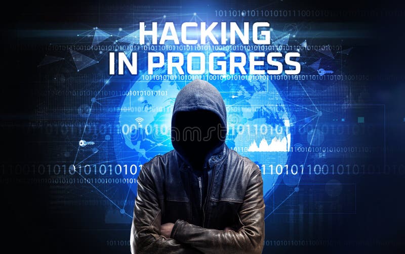 Hacker with Progress Bar on Computers in Dark Room Stock Image - Image ...