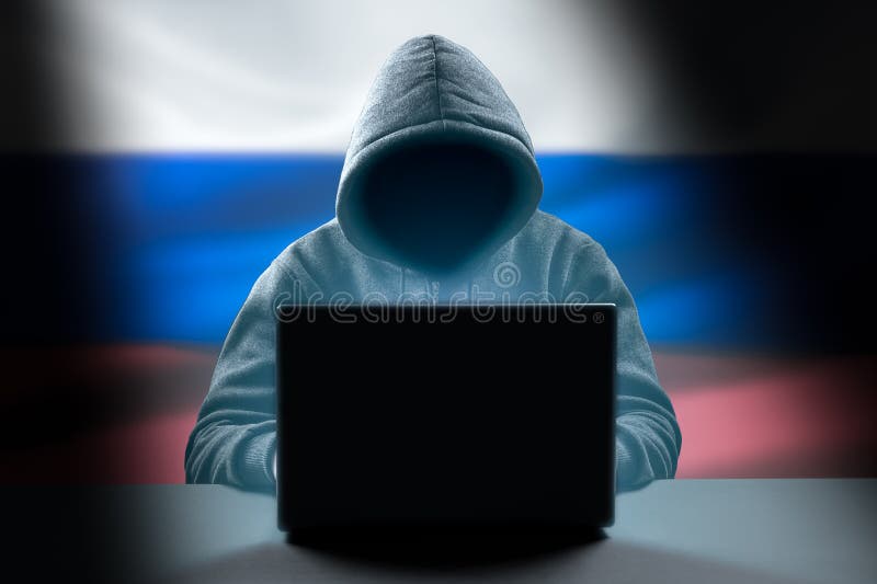 Faceless Hooded Anonymous Russian Hacker on Russian Flag Background ...