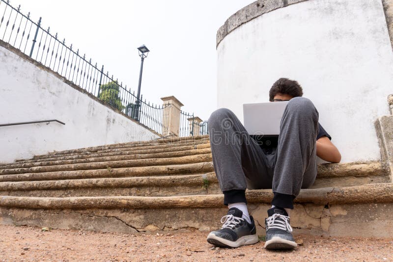 Faceless Kid Using Laptop Outdoors Stock Image - Image of stairs ...