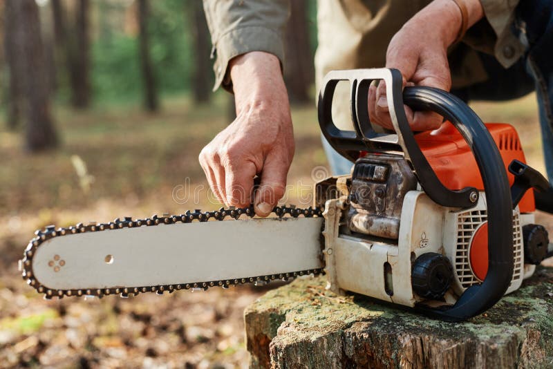 Faceless Logger Preparing Chainsaw for Work, Cheking Saw for Faults ...