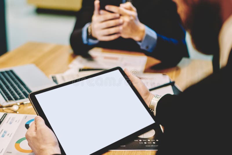 Faceless Office Worker Watching Tablet during Business Meeting Stock ...