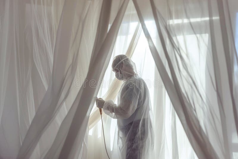 Faceless Pest Control Worker in a Protective Suit Sprays Insect Poison ...