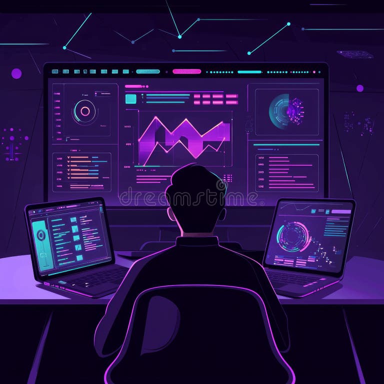 Faceless User Monitors Project Progress Using Multiple Laptops Vibrant ...