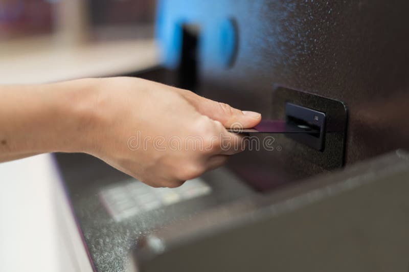 Faceless Woman Inserts Bank Card at ATM. Stock Image - Image of debit ...