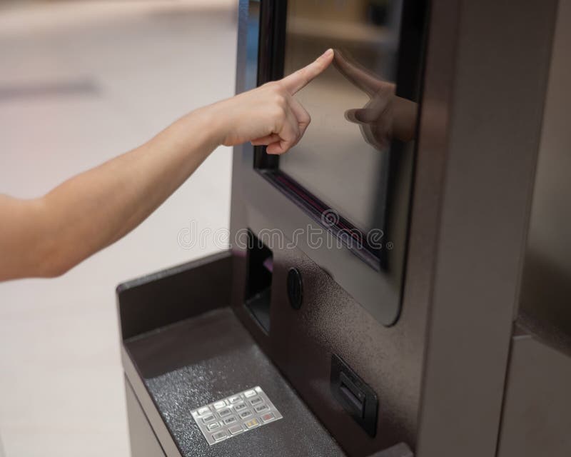 Faceless Woman Using Touchscreen ATM. Stock Image - Image of enter ...