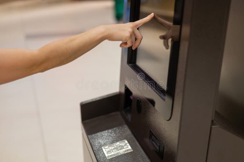 Faceless Woman Using Touchscreen ATM. Stock Image - Image of finance ...