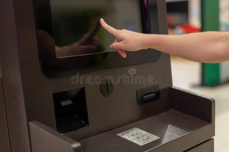 Faceless Woman Using Touchscreen ATM. Stock Photo - Image of account ...