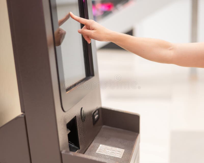 Faceless Woman Using Touchscreen ATM. Stock Image - Image of account ...