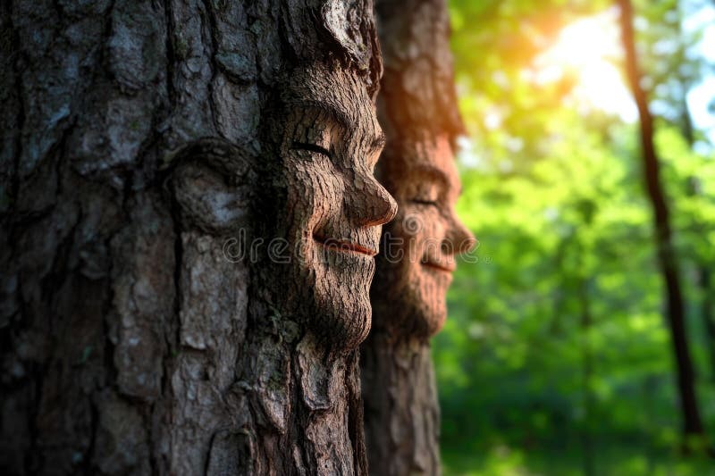 Faces Carved in Tree Trunks in Sunlit Forest Stock Photo - Image of ...