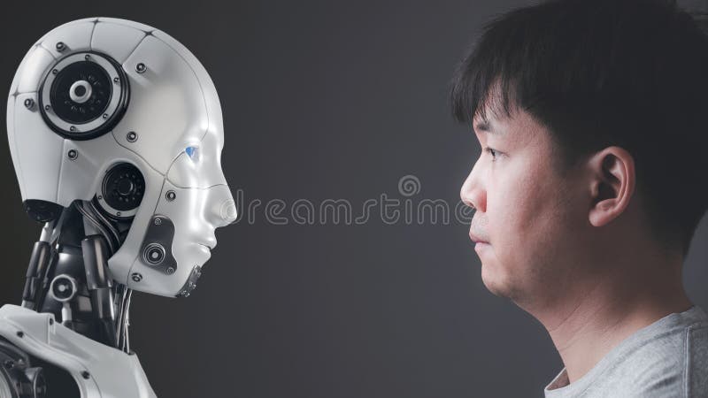The Faces of Human and a Robot on Opposite Sides Looking at Each Other ...