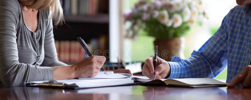 Two People Writing Together with Blurred Faces Stock Photo - Image of ...