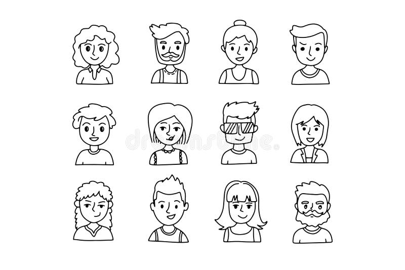 Faces Outline Doodle People Set. Human Avatars Collection. Drawing Old ...