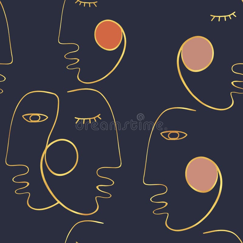 Gold Onle Line Drawings, Seamless Pattern, Continuous Line Face Stock ...