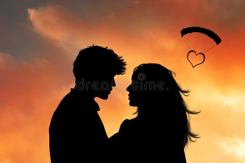 Faces of Two Lovers at Sunset with a Heart Stock Illustration ...