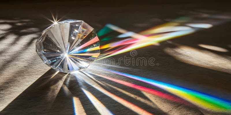 Faceted Crystal Prism Casting Rainbow Light Rays and Shadows on a Dark ...