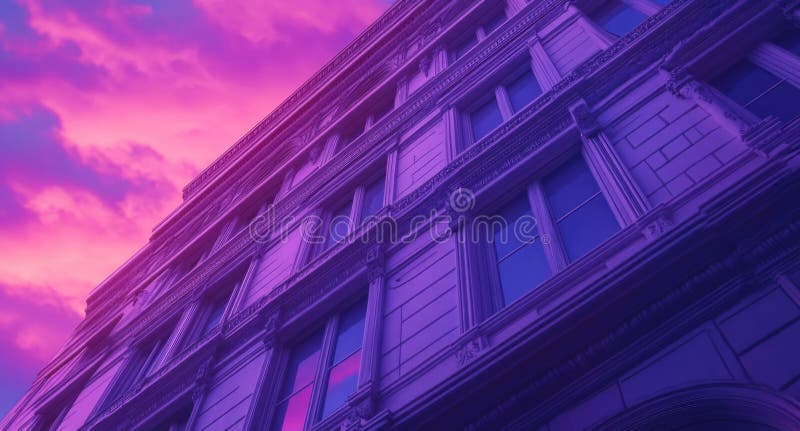 Fachada De Un Edificio Morado Con Ventanas Y Un Cielo Morado Stock de ...