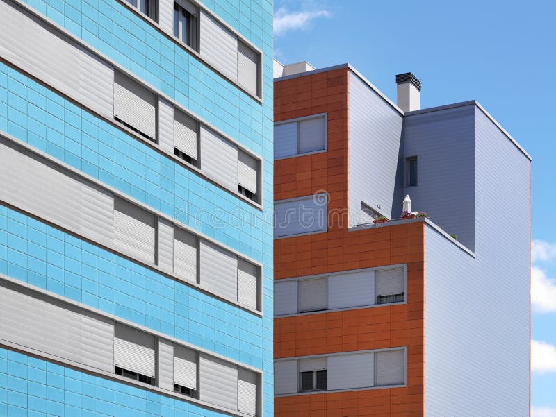 Fachada Moderna Colorida Del Edificio Con El Cielo Azul. Foto de ...