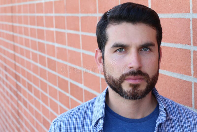 Facial Close Up of an Attractive Bearded Man Face on a Modern Red Brick ...