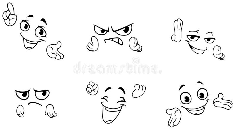 Facial Expressions and Hands Set Stock Vector - Illustration of lineart ...