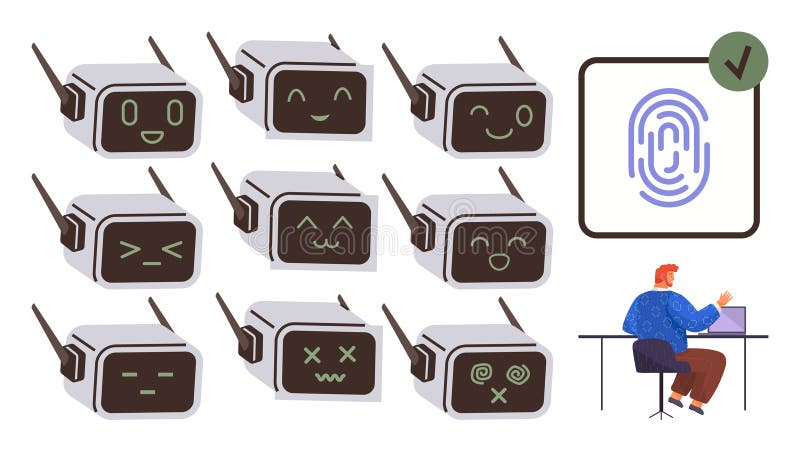Facial Expressions on Robots and Fingerprint Authentication with Man at Desk Illustrating ...